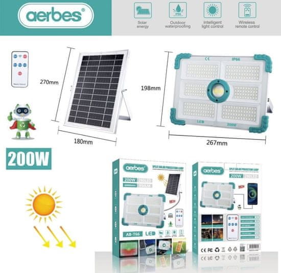 Aerbes 200W LED Solarni Reflektor z Daljincem | mimovrste=)