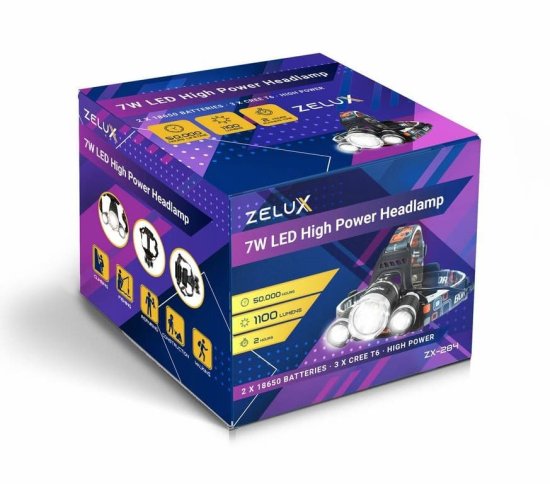 ZELUX Naglavna svetilka s 3 močnimi CREE T6 LED diodami 7W 2x 18650 ...